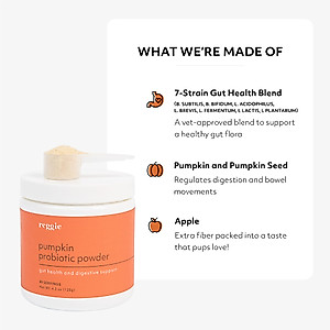Reggie Pumpkin Probiotic Powder for Dogs | Supports Healthy Gut, Digestion, Nutrient Absorption, Stool Consistency | Made in The USA, Vet-Approved & Ideal for All Ages, Breeds, and Sizes - 40 Scoops