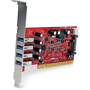 StarTech.com 4 Port PCI SuperSpeed USB 3.0 Adapter Card with SATA/SP4 Power, Quad Port PCI USB-A 3.0 (5Gbps) Controller Card, Red, Windows Only , TAA (PCIUSB3S4)