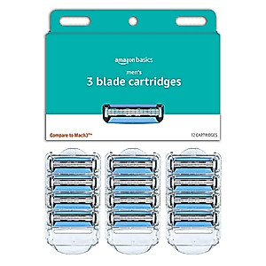 Amazon Basics 3-Blade Razor Refills for Men with Dual Lubrication, 12 Cartridges (Fits Amazon Basics Razor Handles only) (Previously Solimo)