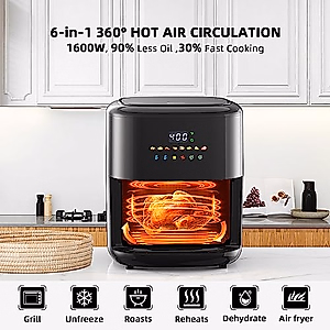 Digital Touchscreen 6 in 1 Air fryer Oven, 1600W 5.8Quart Capacity can Air Fry, Roast, Reheat with Visible Window, Nonstick Basket and Crisper Plate.Oil Less Electric Cooker, Perfect for Busy Families