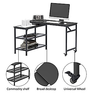 soges Reversible L Shaped Desk, 360° Free Rotating Corner Computer Desk, 47 inch L Desk with Storage Shelves for Home Office, Modern Study Writing Table Workstation, Black