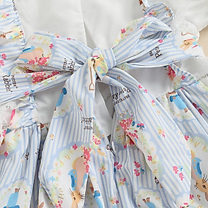 Kids Toddler Baby Girl Easter Dress Short Puff Sleeve Rabbit Bunny Print Ruffle Lace Patched Princess Dress (3-4T, Lace+Blue)