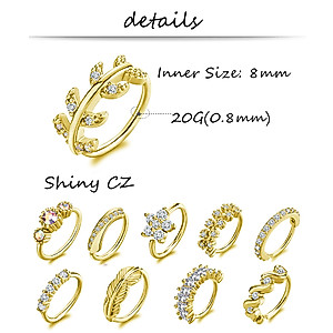 Tornito 10Pcs Nose Ring Hoop Paved Flower Leaf Feather CZ Cartilage Earrings Nose Piercing Jewelry for Women Men Gold Tone 20G