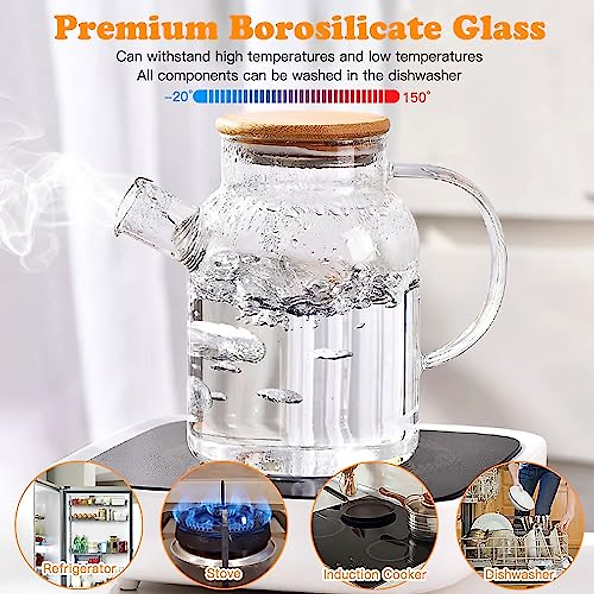 Glass Teapot Stovetop Microwave Safe, 50oz/1500ml Glass Tea Kettle with Bamboo Lid and Removable Filter Spout, Heatproof Borosilicate Glass Teapot for Loose Leaf, Blooming Tea and Fruit Tea…