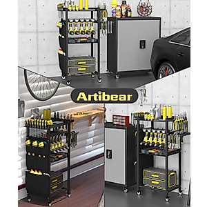 Artibear 4-Tier Rolling Power Tool Organizer Storage Cart, Garage Organization on Wheels Tool Cart with Drill Set Rack Shelf, Mechanic Utility Cart for Workbench & Outdoors Working, Gift for Men Dad