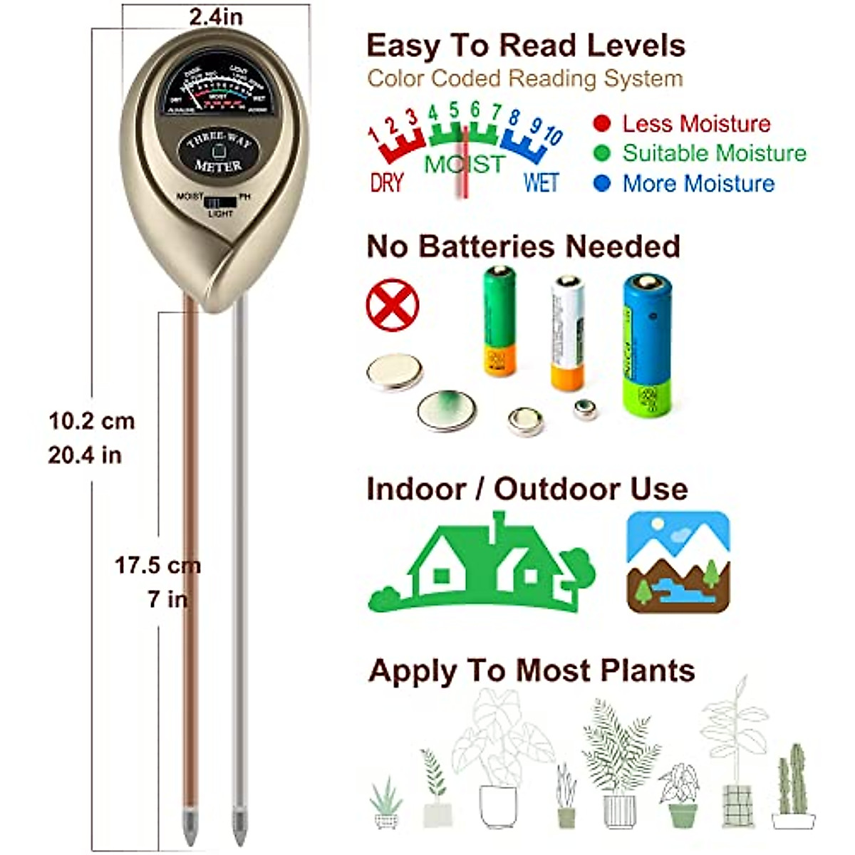 ALANMOND Plant Water Meter 3-in-1 Soil Moisture/Light/pH Tester for Plants Gardening Tool Kit Soil Hygrometer Sensor for Indoor & Outdoor Golden