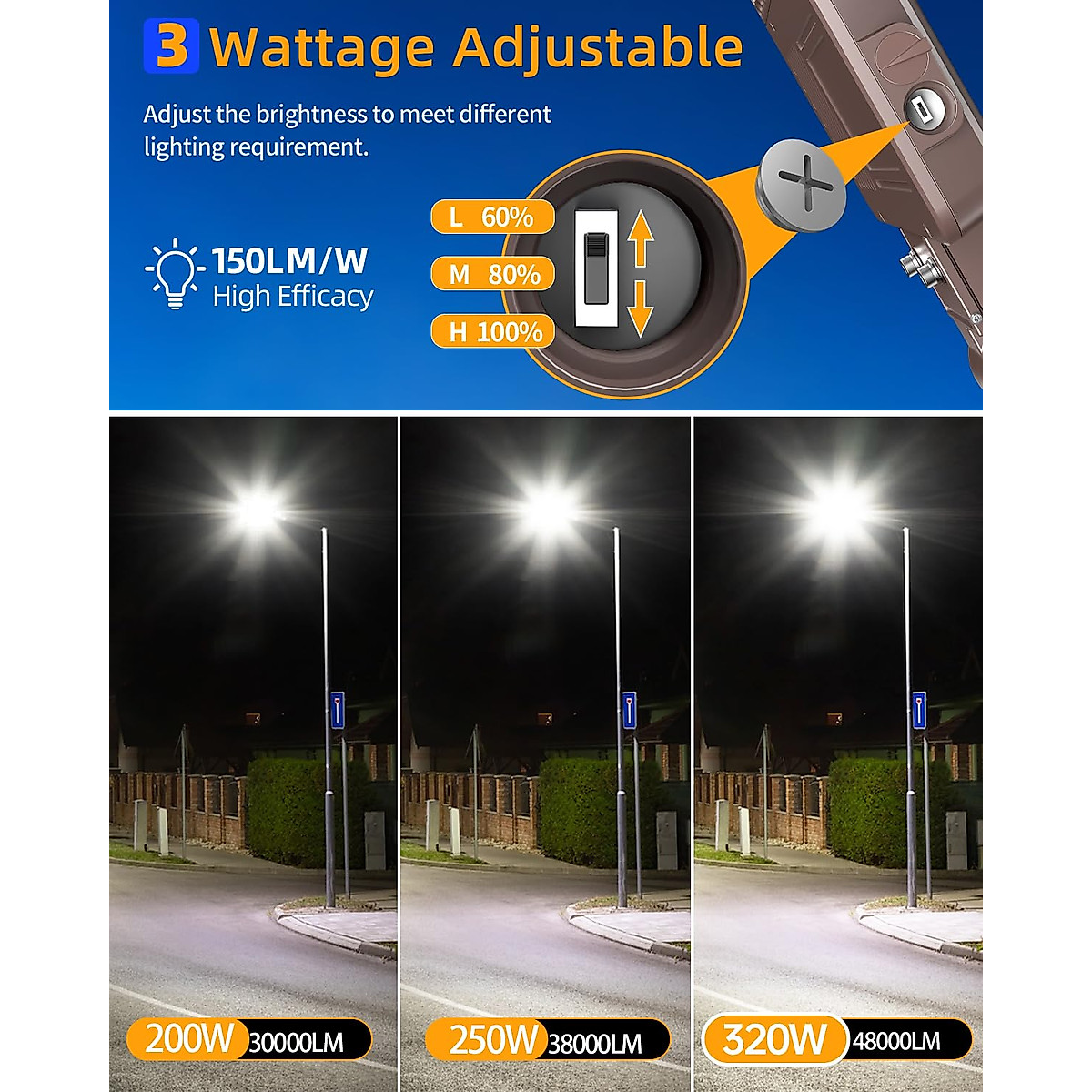 ADUB LED Parking Lot Light 320W 250W 200W Wattage Adjustable, LED Parking Lot Light, LED Shoebox Light 5700K 5000K 4500K