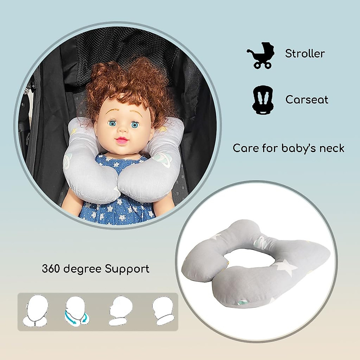 Wedfull Baby Neck Pillows, Comfortable Baby Travel Head Neck Support Pillow for Car Seat Stroller Pushchair, Soft PP Cotton for 6-36 Months Toddler Infant Newborn, Cloud