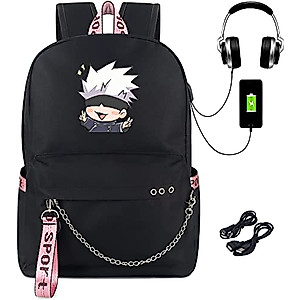 Roffatide Anime Jujutsu Kaisen Backpack Gojo Satoru Book Bag Laptop School Bag with USB Charging Port and Headphone Port