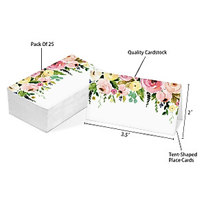 Table Place Card, Watercolor Floral Themed Tent Style Cards, Pack of 25 Half-Fold Reception Place Cards, Perfect for Wedding, Bridal & Baby Shower, Party, Birthday, Banquet and Special Events A39