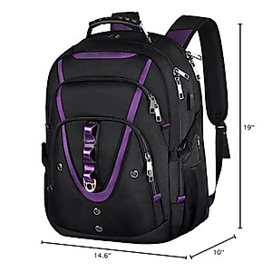 18.4 inch Travel Backpack Men Women, 55-60L Extra Large Laptop Backpack RFID Anti Theft TSA Friendly Flight Approved Backpacks, Water Resistant College School Heavy Duty With USB Charging Port, Purple