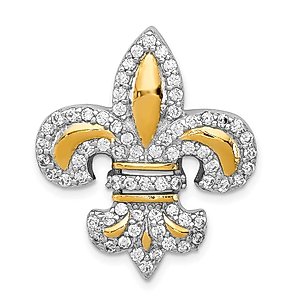 Sterling Silver CZ Fleur de Lis w/ Flash Gold-Plated Chain Slide Pendant QQP1952