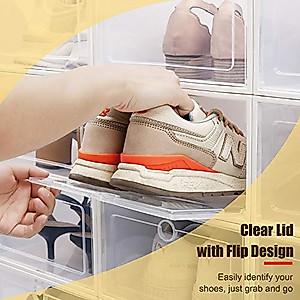 IPOW 12 Pack Thickened Clear Plastic Stackable Shoe Boxes, Foldable Shoe Organizer Sneaker Shoe Containers Shoe Storage Bins Drop Front Shoe Storage Boxes for Men, Women Kids
