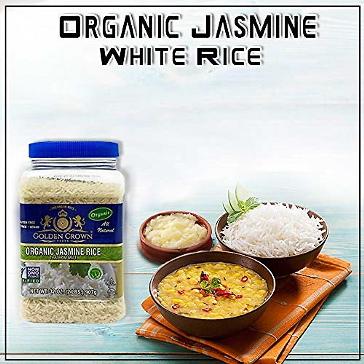 Golden Crown White Organic Jasmine Rice Premium Quality, Naturally Aged Extra Long Aromatic Tasty and Flavorful Gluten-Free Whole Grains From Thai HOM Mali, Non-GMO - 32 oz (2LB)
