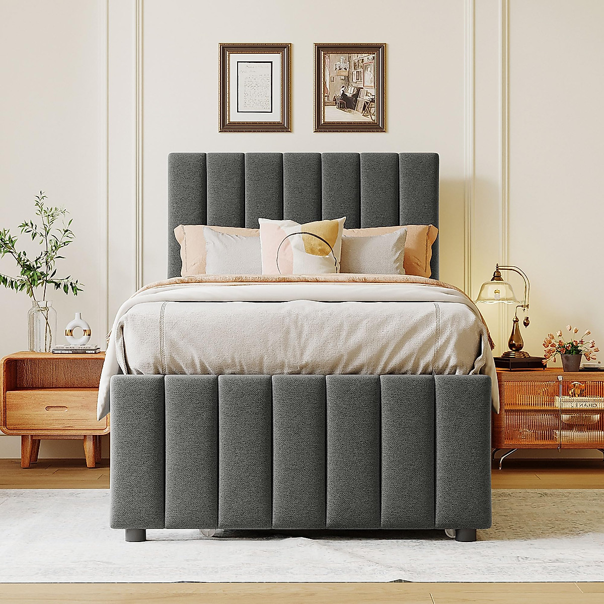 Bellemave Twin Size Upholstered Captain Bed with Trundle and Storage Drawers, Linen Fabric Platform Bed with Channel Tufted Headboard, Modern Twin Bed for Kids Boys Girls Teens, Gray