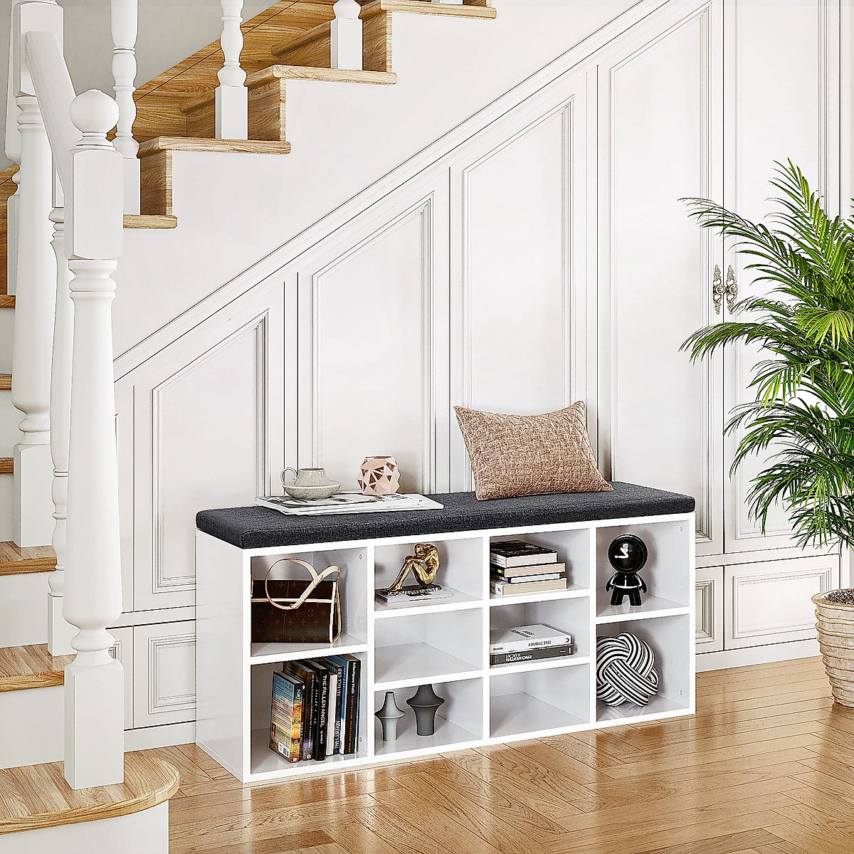 Yaheetech Shoe Bench, Shoe Storage Cabinet with Adjustable Shelves, Storage Bench with Padded Cushion, Shoe Shelf Organizer for Entryway, Living Room, Mudroom, Hallway, 10 Cubbies, White/Gray