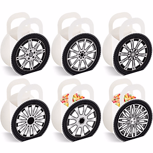 24Pcs Race Car Wheels Party Gift Boxes for Race Car Party Decorations Car Wheels Shaped Treat Boxes Racing Car Birthday Party Candy Boxes with Handle for Boys Kids Birthday Baby Shower Party Supplies