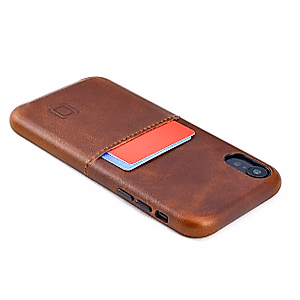 Dockem M1 Card Case for iPhone XR (6.1"): Slim Genuine Leather Wallet Case with Built-in Metal Plate for Magnetic Mounting and Lay-Flat Card Slot: Virtuosa [Brown]