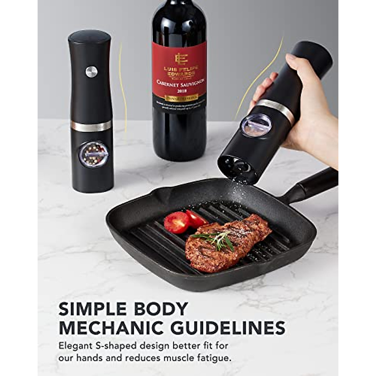 FORLIM Rechargeable Salt and Pepper Grinder Set with USB Base, Automatic Electric Pepper Mill, Adjustable Coarseness, with White LED Light, High Speed Grinding, One Hand Operation, 2 Mills