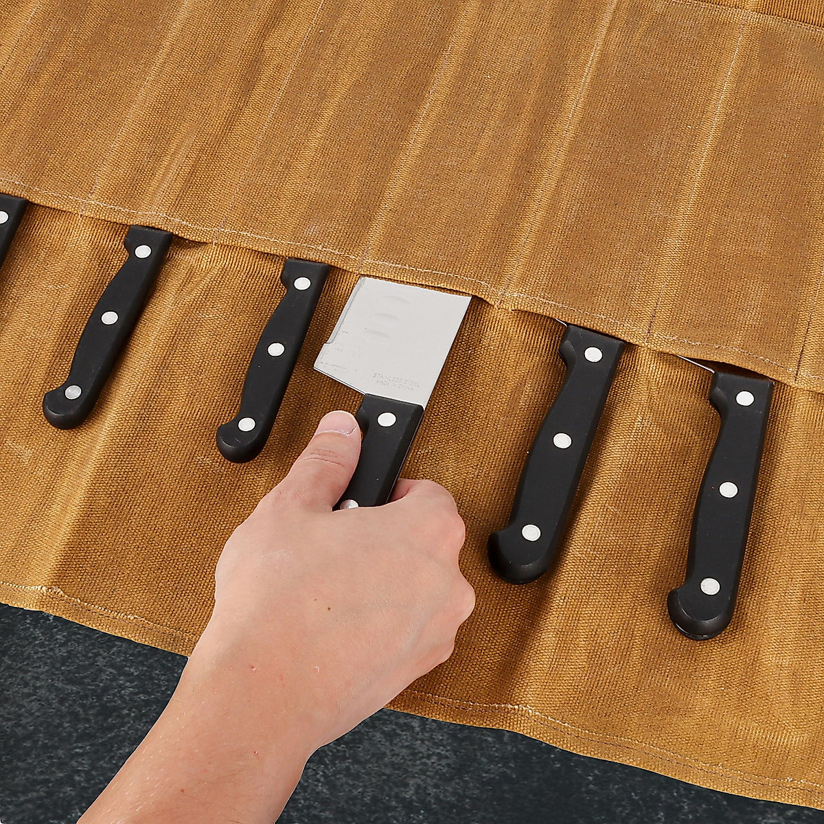 BRUJANE Knife Roll Bag with Cotton Rope | Waxed Canvas Knife Bag for Chefs & Culinary Enthusiasts | Folding Design | 8 Pockets, Holds 7.87-inch Knives (17”L x 21.5”W)