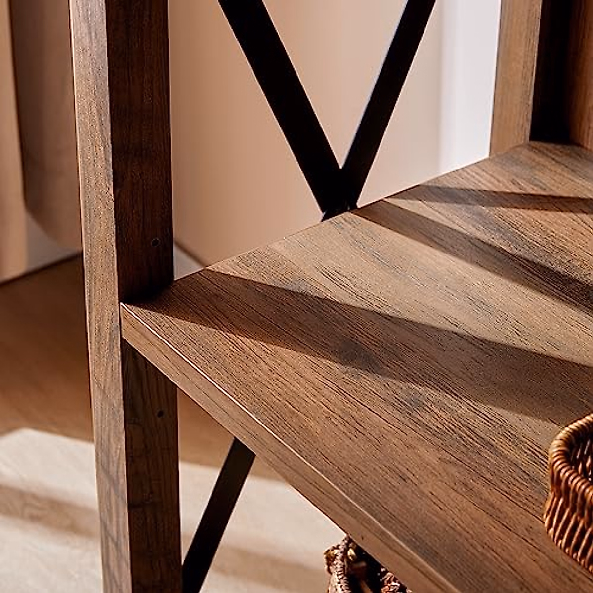 AMERLIFE 4-Tier Bookshelf, Set of 2 Tall Industrial Book Shelf, Rustic Wood & Metal X Frame Farmhouse Bookcase & Bookshelves, for Living Room, Bedroom, Barn Wood