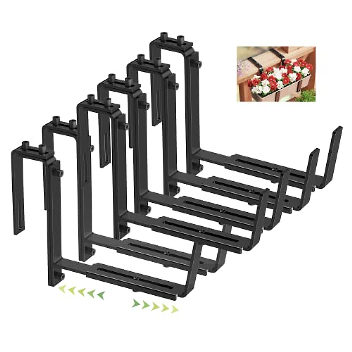 Y&M 6 PCS Adjustable Planter Box Brackets for Window Boxes Planters, Heavy Duty Wall Mounted Hooks Hangers for Flower Baskets Holder Durable, Hanging Brackets for Fence Patio Garden Balcony