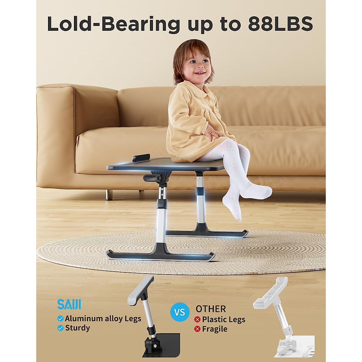 SAIJI Leather Laptop Bed Tray Table, Adjustable Laptop Stand with Removable Stopper, Portable Lap Desks with Foldable Legs, Notebook Stand Breakfast Reading Desk for Sofa Couch(Large,Black)