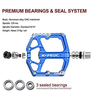 K PEDC Bike Pedal Aluminum Alloy 9/16" Bike Pedal MTB Wide Platform Flat Non-Slip Bicycle Pedals with 3 Bearings for Mountain Bikes, Road, BMX Blue