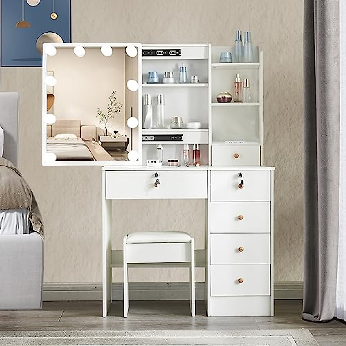 Vanity Desk with Power Outlet,White Vanity with Mirror and Lights, Makeup Vanity with 5 Drawers and Cushioned Stool, Makeup Table Set for Girls