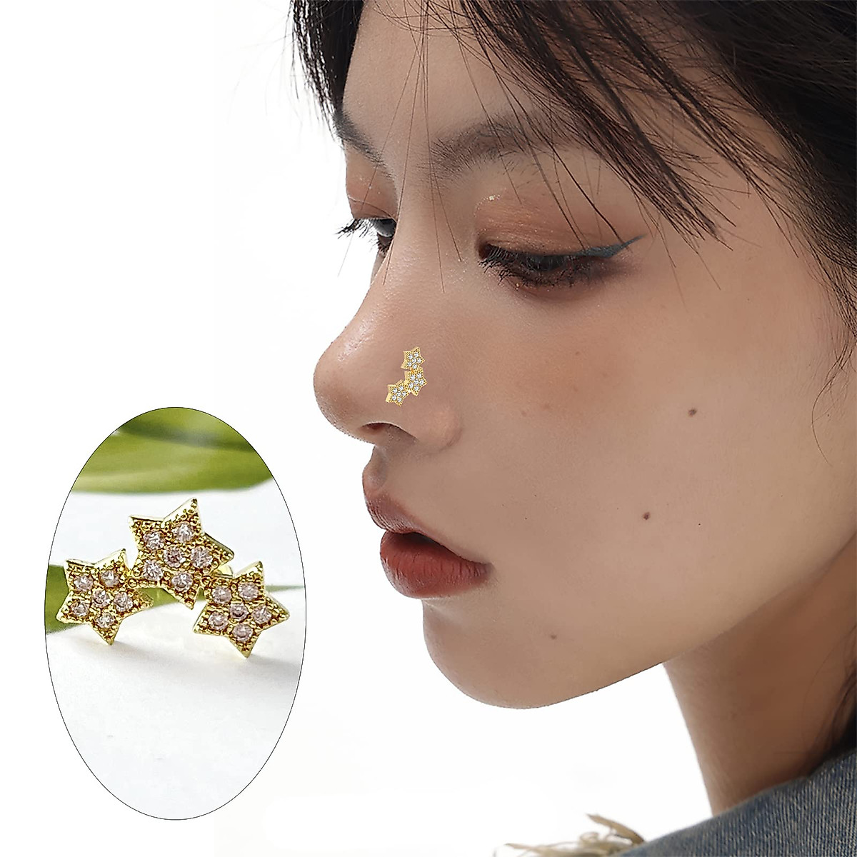 WAINIS 12pcs 20G Dangle Nose Rings Studs for Women Stainless Steel L Shaped Nose Studs Heart Arrow Feather Snowflake Wing CZ Dangling Nose Piercing Jewelry Gold