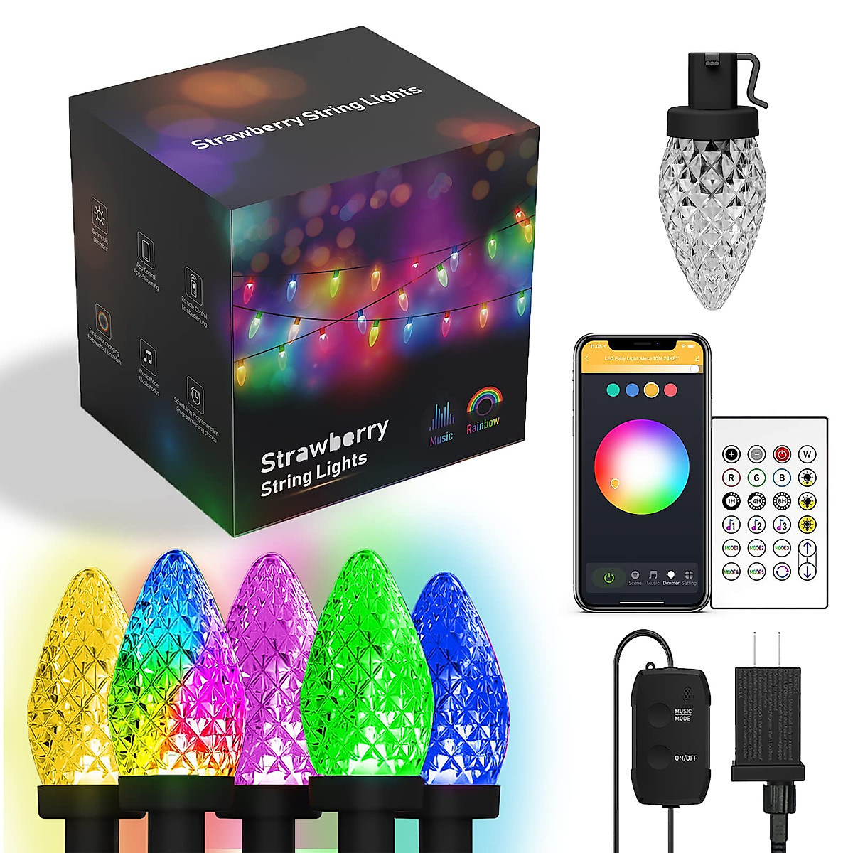 Amposei 32.8Ft 50 LEDs Strawberry Christmas String Lights Outdoor Bluetooth Fairy Lights Waterproof Music Sync Twinkle Lights with Phone APP Remote Control, Color Changing Rope Light for Party Garden