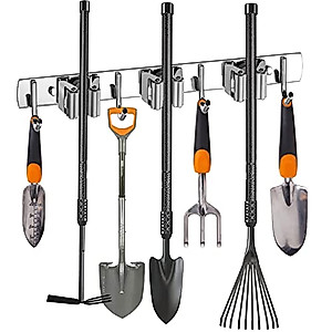 2 Pack Broom Holder Wall Mount, Stainless Steel Tool Organizer, Mop Broom Storage, Utility Racks with Self Adhesive and Screw for Home, Garden, Garage, Laundry Room (3 Racks 4 Hooks)