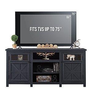 JXQTLINGMU Farmhouse TV Stand for 75 Inch TV, Entertainment Center with Storage, Modern TV Cabinet with Barn Doors, 66" Rustic TV Console for Living Room, Adjustable Shelf - Black