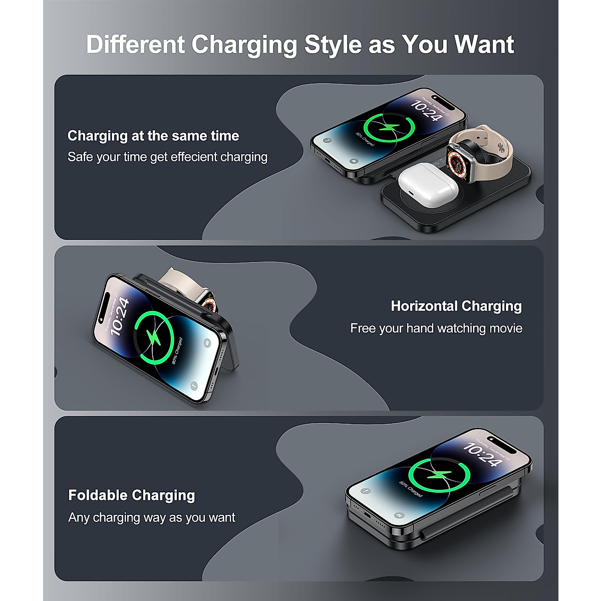 3 in 1 Charging Station for Multiple Devices Apple, XooFly Wireless Magnetic Travel Charger for Multiple Devices, Phone Charger Pad for iPhone 15 14 13 12 Pro Max Plus Mini, iWatch, Wireless Earbuds