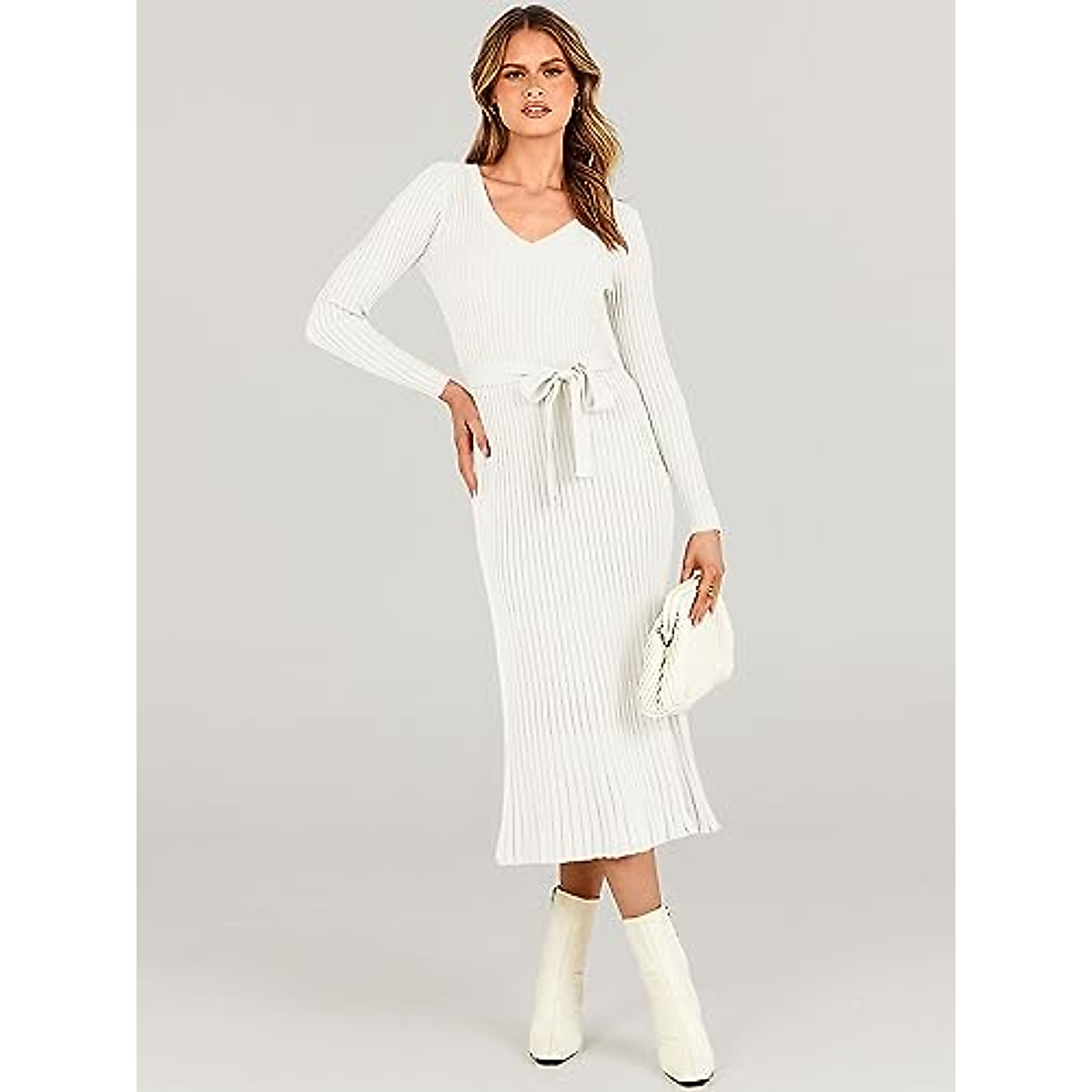 ANRABESS Sweater Dresses for Women 2023 Fall Long Sleeve Ribbed Knit V Neck Tight Tie Waist Cute Comfy Holiday Warm Winter Midi Bodycon Dress with Belt 994mibai-M White