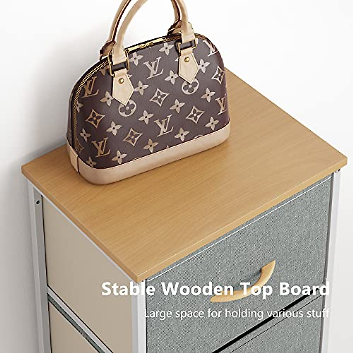 FEZIBO 2 Drawers Fabric Dresser, Nightstand for Bedroom, Small Storage Tower Organizer Unit for Closet Hallway Entryway Nursery Room, Steel Frame, Wood Top, Linen