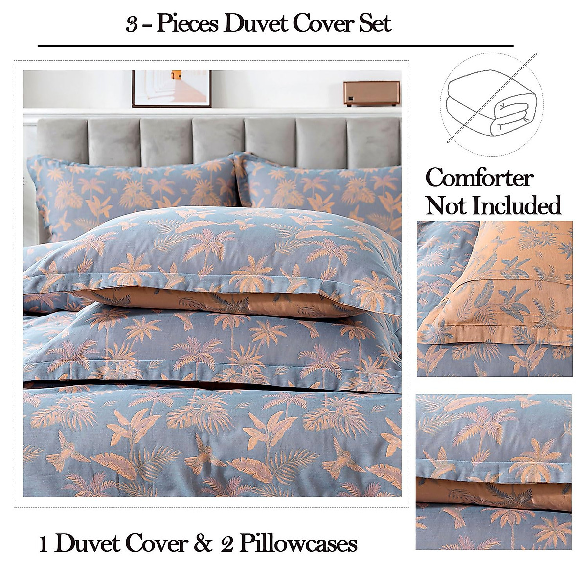 FADFAY Muslin Duvet Cover King Size, Dirty Blue Orange 100% Washed Cotton Double -Layer Tropical Bird Duvet Cover Set, Linen Like Gauze Comforter Cover Set with Zipper Closure & Corner Ties, 3Pcs