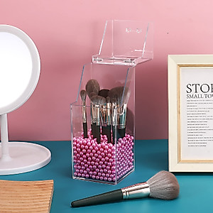 Sooyee Makeup Brush Holder,Makeup Brush Organizer with 8mm Pink Pearls,Dustproof Makeup Brush holder with Lid