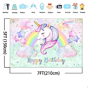 Avezano Unicorn Birthday Backdrop Pastel Rainbow Cloud Glitter Stars Unicorn Birthday Decorations Girls Unicorn Birthday Party Banner Decorations (7x5)