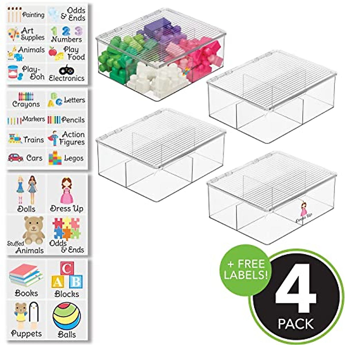 mDesign Plastic Stackable Toy Storage Bin with Hinged Lid, 4 Divided Compartments for Organizing Playroom, Kids' Room - Container for Small Toys, Craft and School Supplies + 24 Labels - 4 Pack - Clear