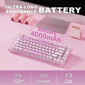 YUNZII X75 PRO 82 Key Wireless Hot Swappable Mechanical Gaming Keyboard with Transparent Keycaps,BT5.0/2.4G/USB-C, Gasket Mount Keyboard,for Windows/Mac (Crystal White Switch, Wireless-Pink)