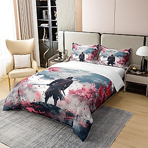 Erosebridal 100% Cotton Japanese-Style Duvet Cover Japanese Samurai Comforter Cover Twin Size Pink Cherry Blossom Bedding Set Mount Fuji Pattern Bed Set Ink Painting Duvet Insert with 1 Pillowcase