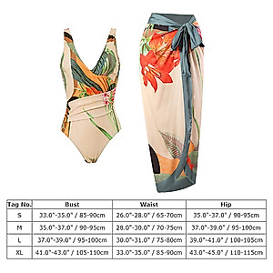 Women's One Piece Swimsuit with Cover up Beach Skirt Retro Floral Printed Swimsuit Bathing Suit Ruffle V-neck Monokini Swimwear Sarong Coverups Two Piece Bikini Set Beachwear Light Apricot Floral L