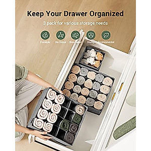 HogarTech Sock Orgainzer for Drawer, Durable Oxford Cloth, Removable Base Board, Sturdy Construction with Double Zippers, Dresser Organizer for Sock, 3 Pack, Grey