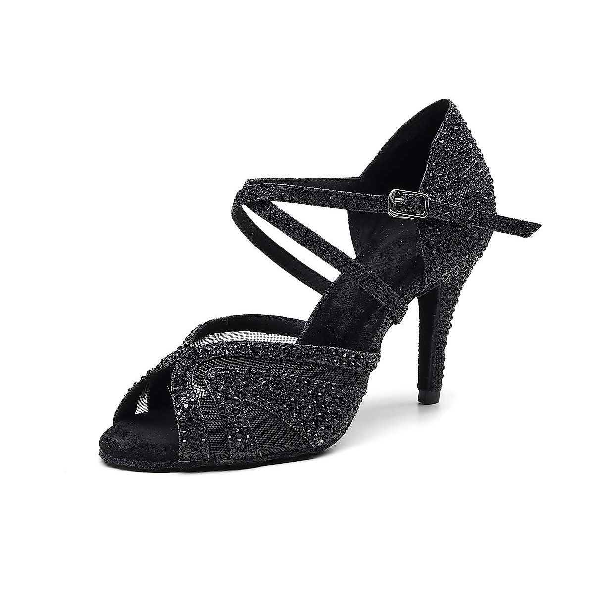 Pierides Women's Suede Sole Rhinestone Ballroom Dance Shoes Latin Salsa Performance Dance Shoes 4" Heel,10.5 US