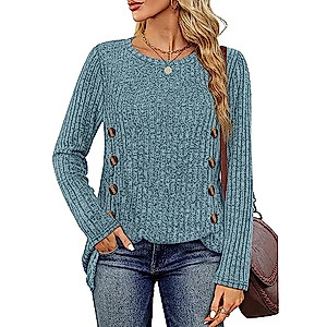 SAMPEEL Blue Tunic Sweaters for Women Fall Long Sleeve Tunic Tops for Women Buttons Side S