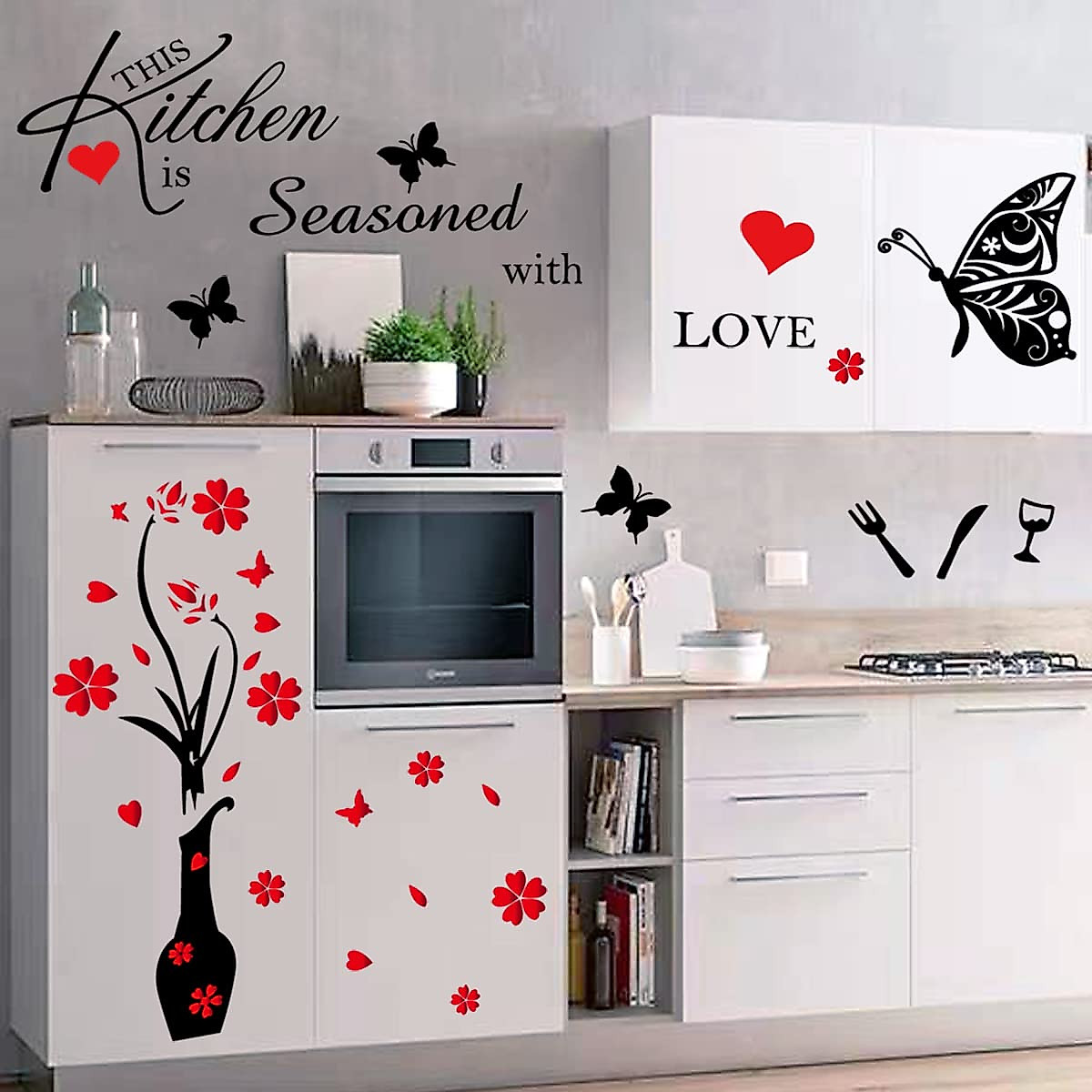 Kitchen Wall Decor Stickers Kitchen Quotes this Kitchen is Seasoned with Love Red Heart Butterfly Wall Sticker Removable Wall Decals Vase Wall Art Sticker for Dinning Room Kitchen Restaurants Home