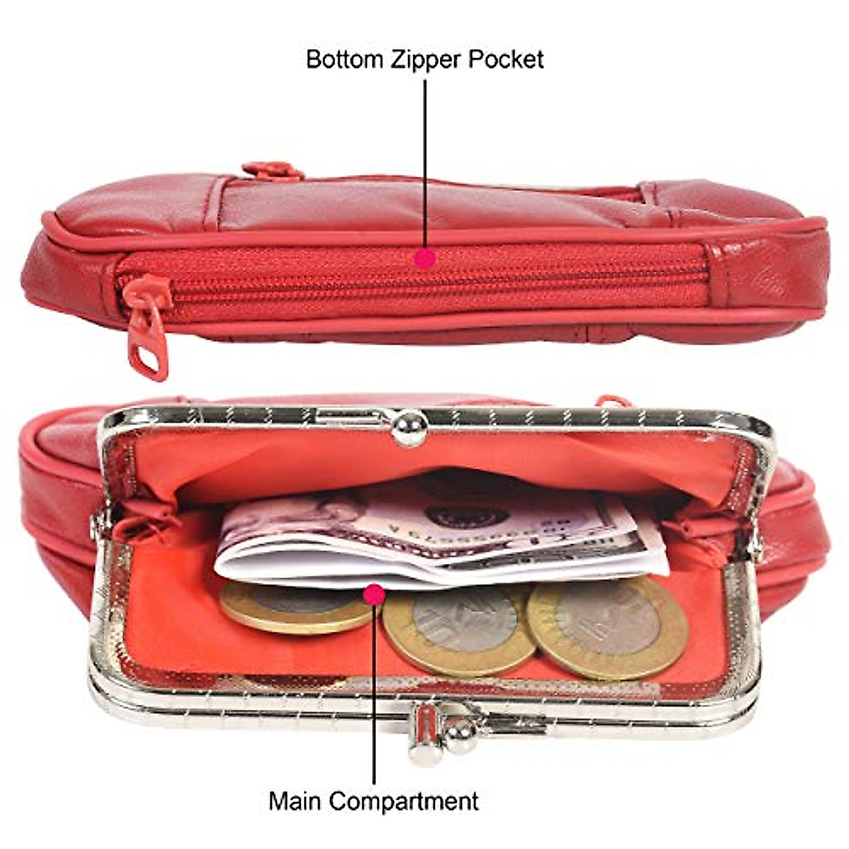 Women's Leather Metal Frame Double Clasp Zipper Coin Purse 5 1/4" x 3 1/4" (Red)