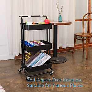 Piowio 3 Tier Utility Rolling Cart Multifunction Organizer Shelf Storage Cart with Handle and Lockable Wheels for Home Kitchen Bathroom Laundry Room Office Store etc. (Black)