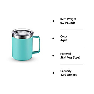 CIVAGO Stainless Steel Coffee Mug Cup with Handle, 12 oz Double Wall Vacuum Insulated Tumbler with Lid Travel Friendly, Reusable and Durable Travel Coffee Cup Thermal Cup, Powder Coated (Aqua, 1 Pack)